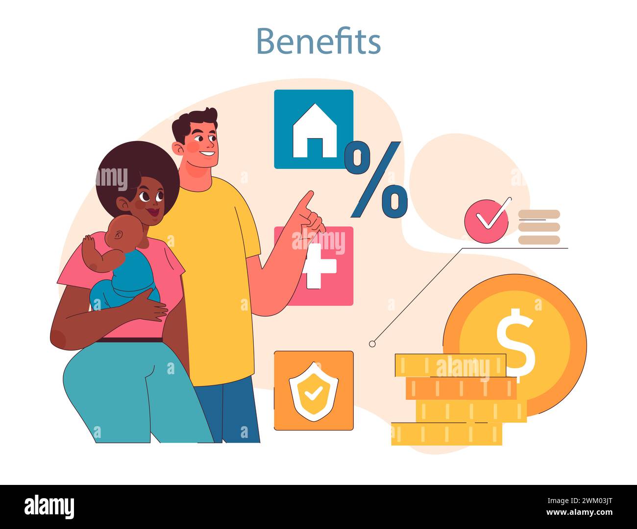 Young family explores financial benefits. Mother holding infant, father ...