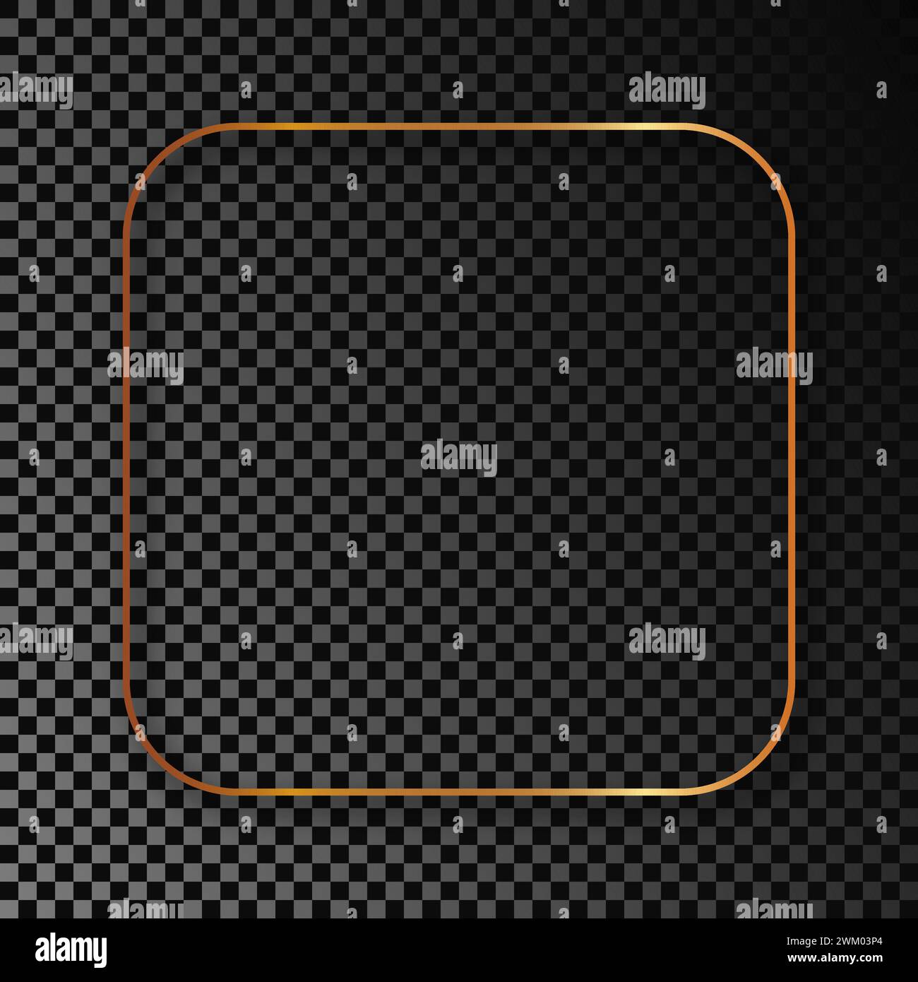 Gold glowing rounded square frame with shadow isolated on dark transparent background. Shiny ...