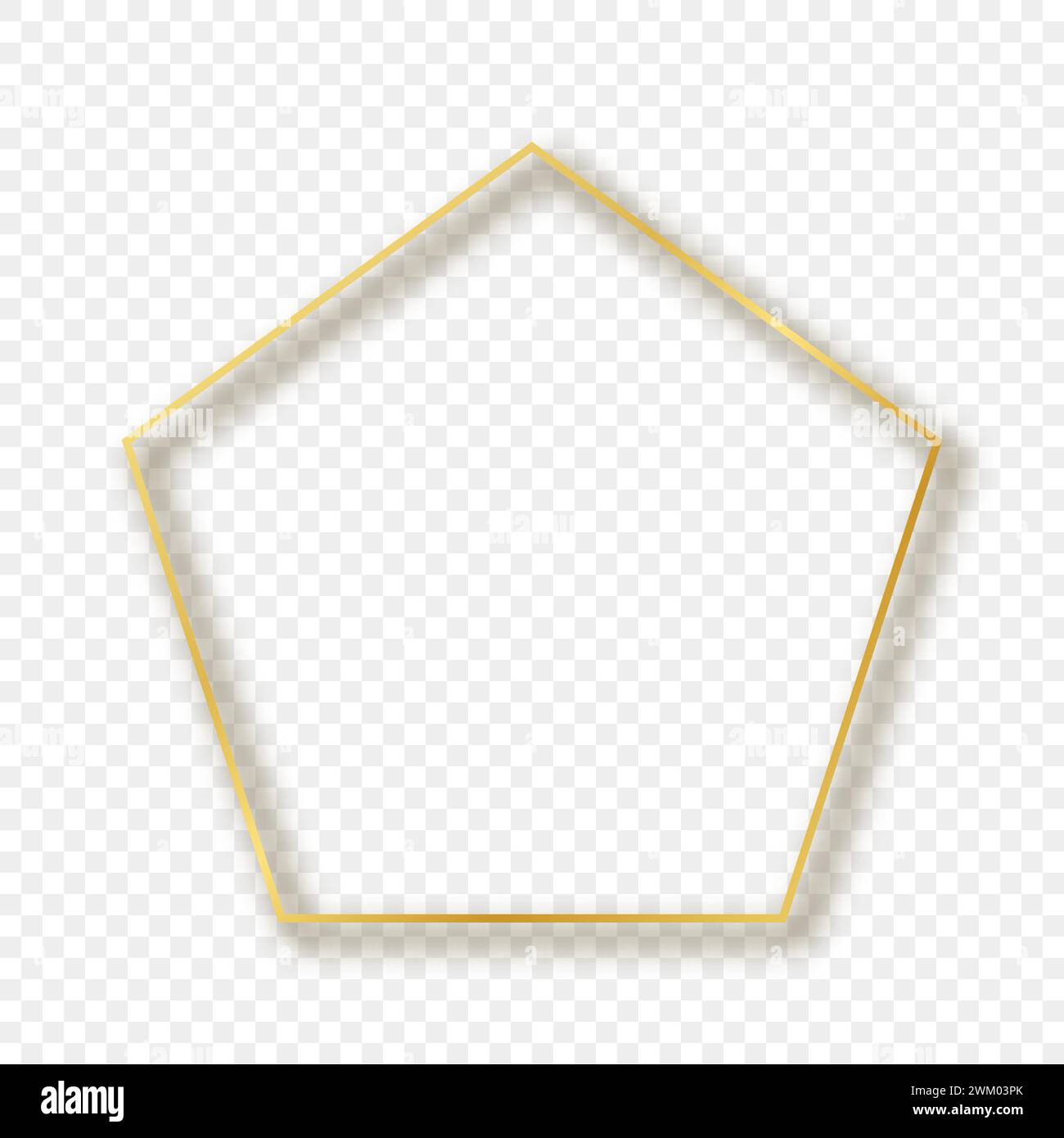 Gold glowing pentagon shape frame with shadow isolated on transparent background. Shiny frame ...