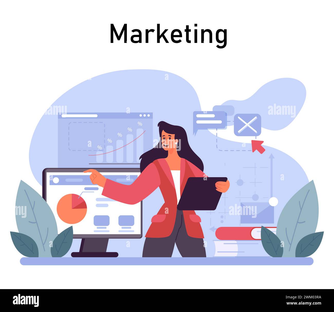 Digital Marketing concept. A confident marketer analyzes data and ...
