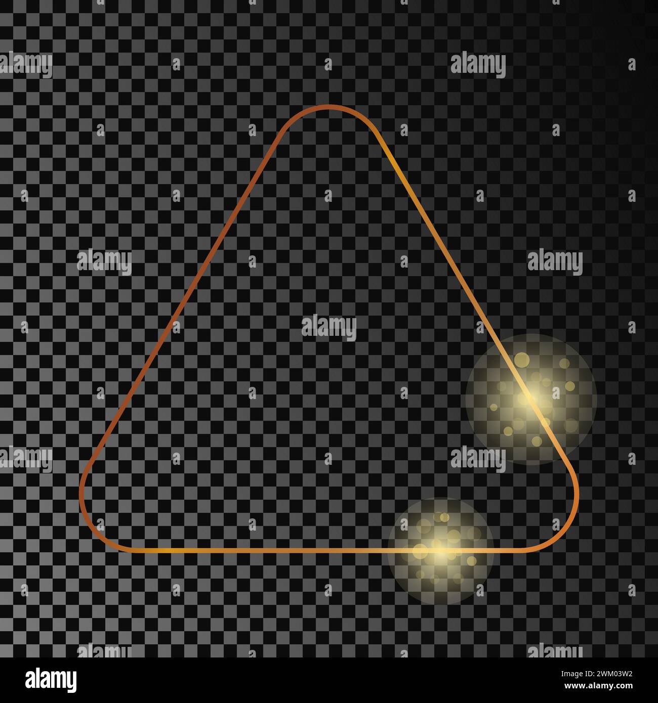 Gold glowing rounded triangle frame isolated on dark transparent background. Shiny frame with ...