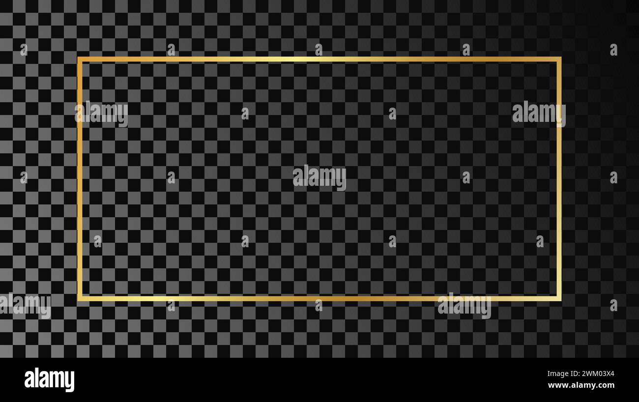 Gold glowing rectangular shape frame isolated on dark transparent background. Shiny frame with ...