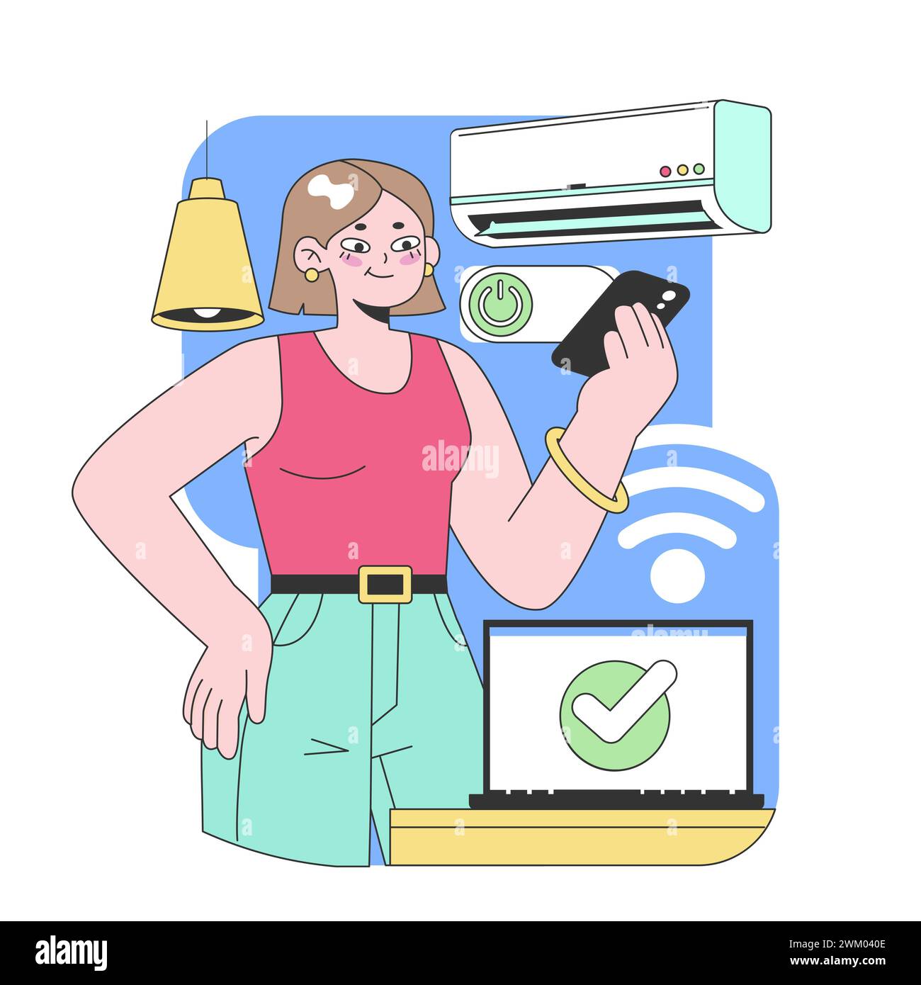 Smart home integration concept. Woman using smartphone to control air ...