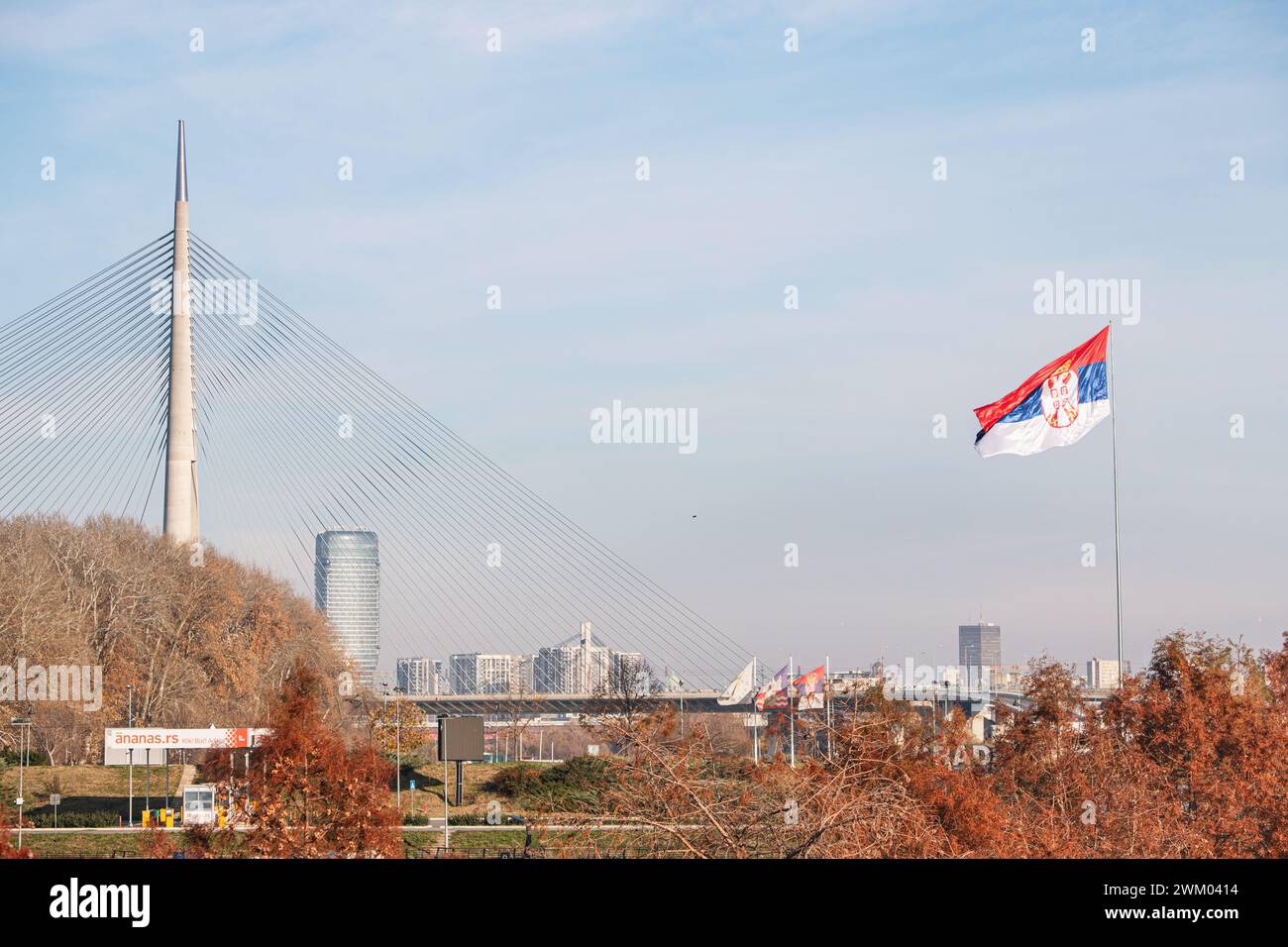 05 December 2023, Belgrade, Serbia: The Serbian flag waves proudly ...