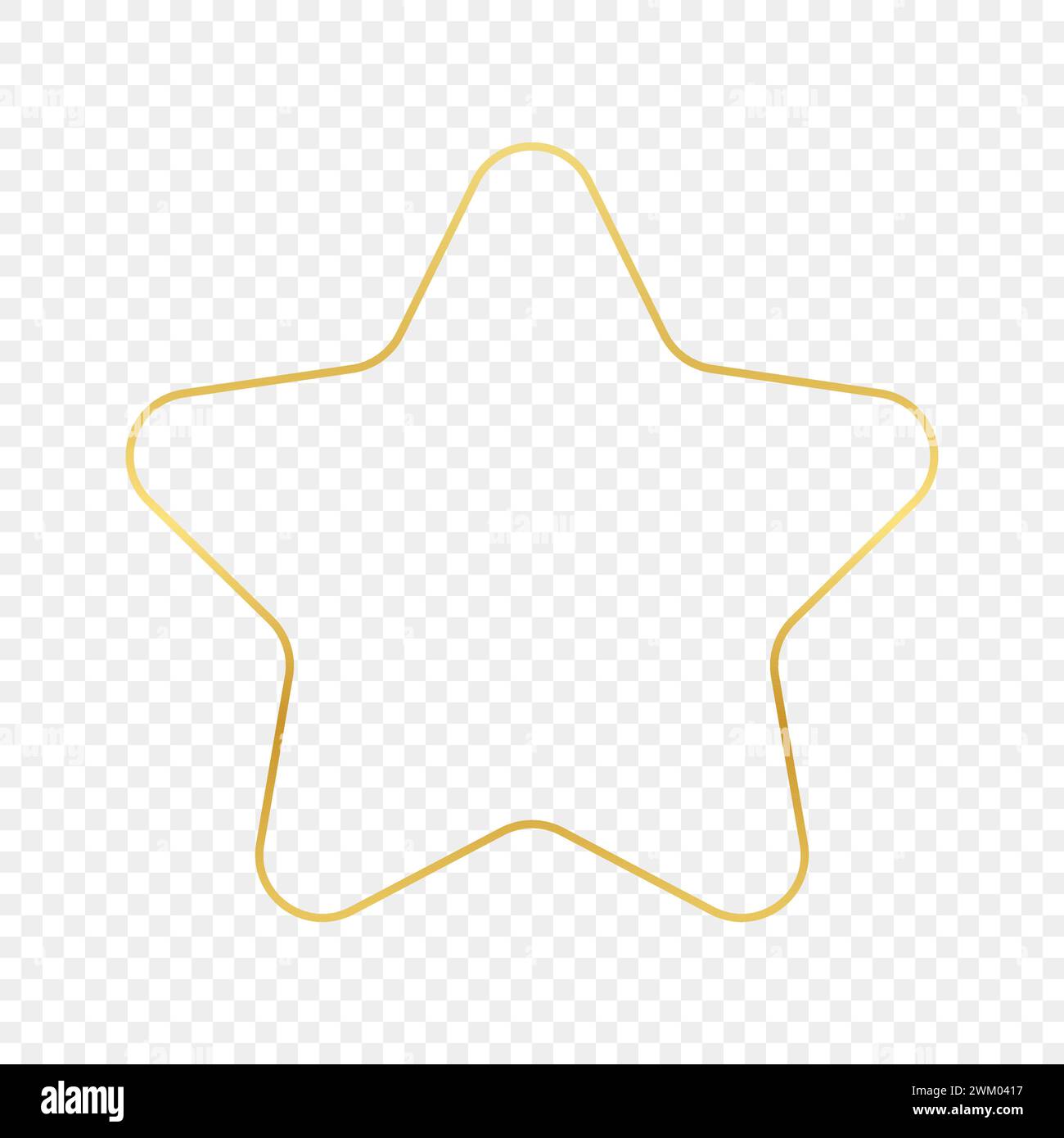 Gold glowing rounded star shape frame isolated on transparent background. Shiny frame with ...