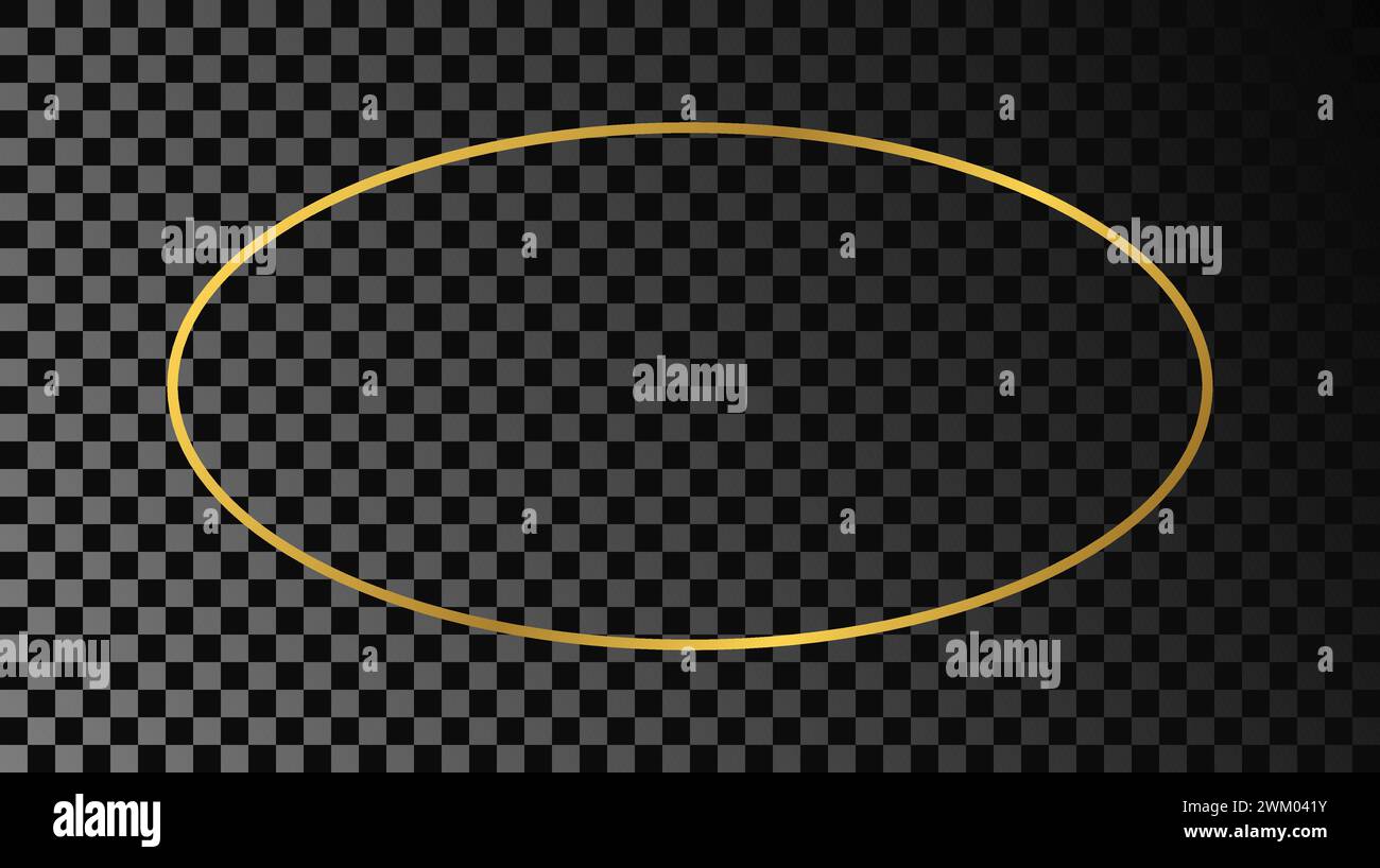 Gold glowing oval shape frame isolated on dark transparent background. Shiny frame with glowing ...