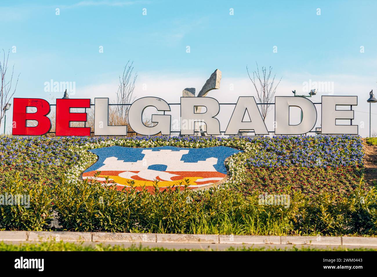 05 December 2023, Belgrade, Serbia: Belgrade sign and coat of arms ...