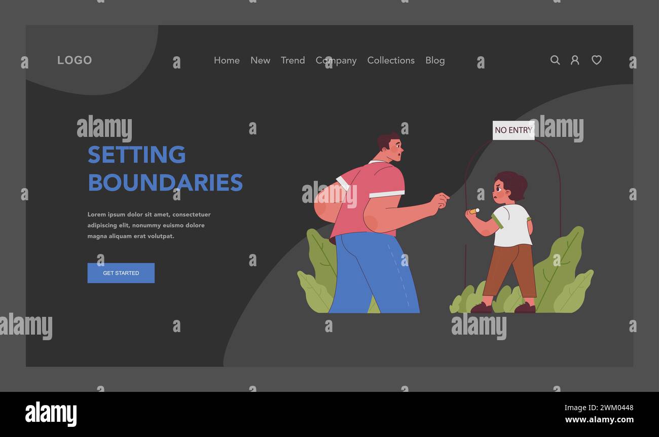 Setting boundaries dark or night mode web, landing. Son drawing barrier around him with no entry ...