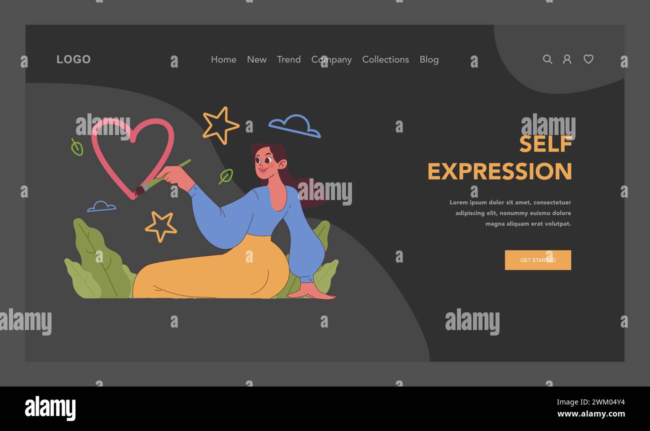 Self expression web or landing. Joyful woman drawing heart, star, cloud ...