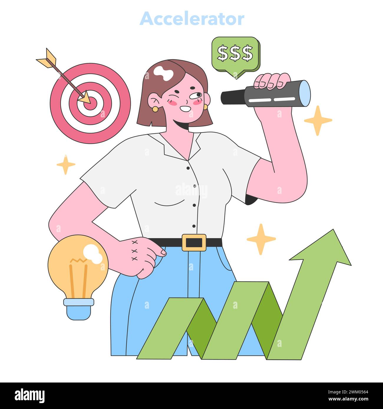 Accelerator concept. Confident woman peers through telescope, spotting ...
