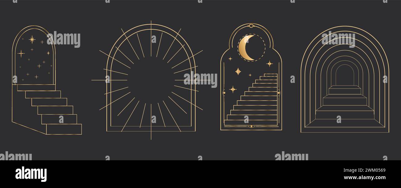 Golden thin line arch frame door stairs, sun and stars, mystic portal ...