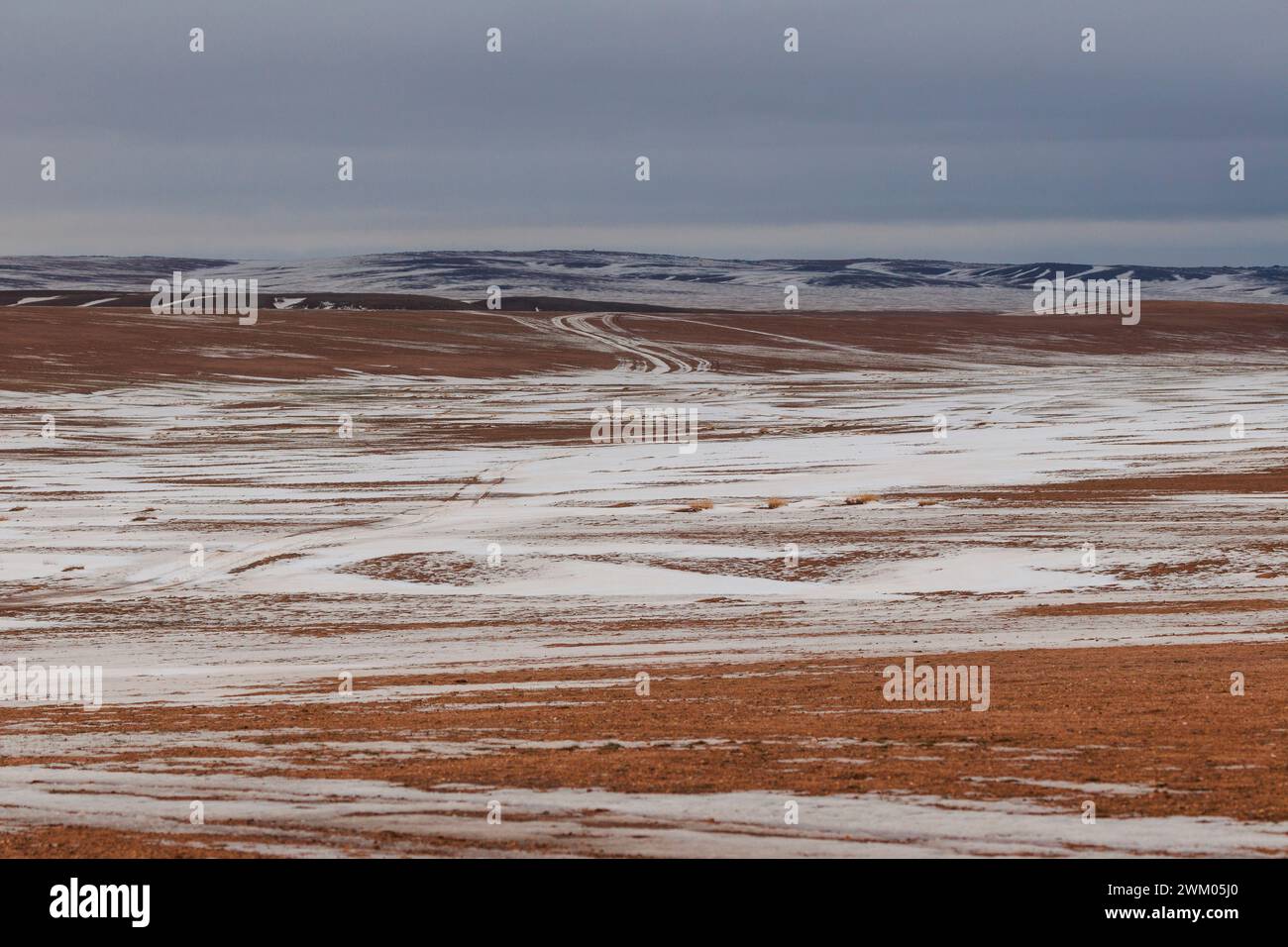 Snow in the steppe, Landscape, Steppe, Eastern Mongolia, Mongolia, Asia ...