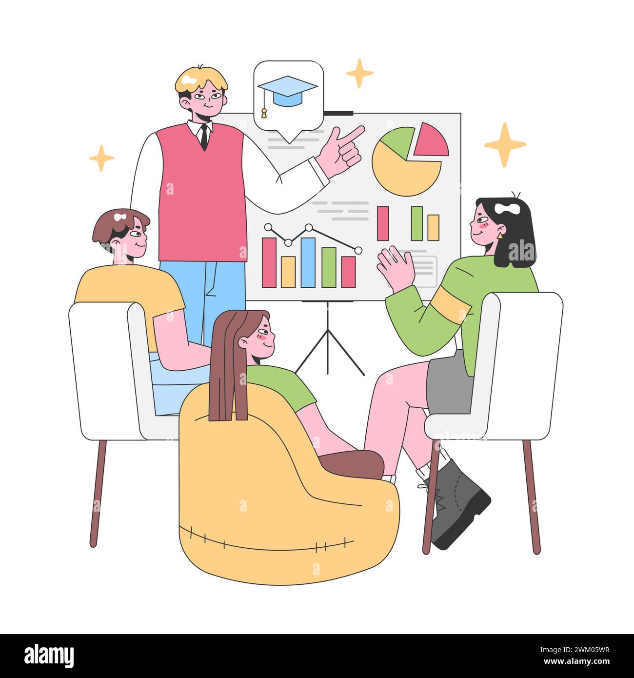 Education insights concept. A presenter explaining data charts to ...