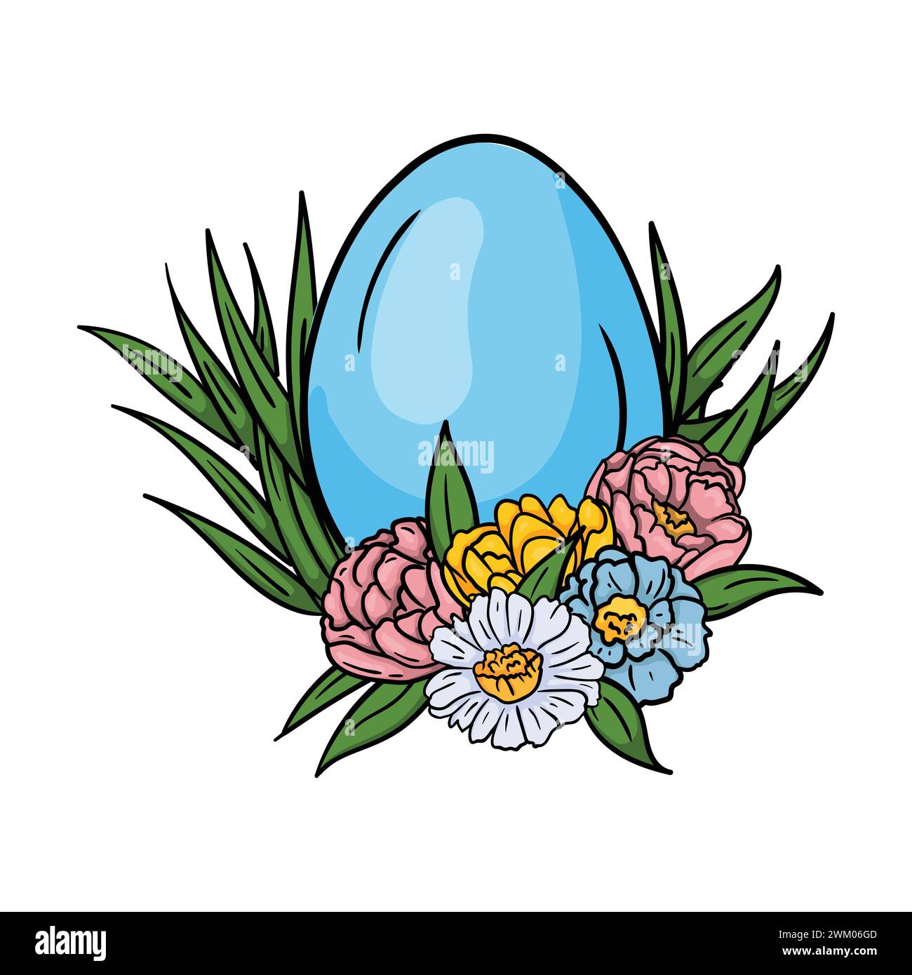 Color illustration of a blue Easter egg in grass and flowers. Isolated ...