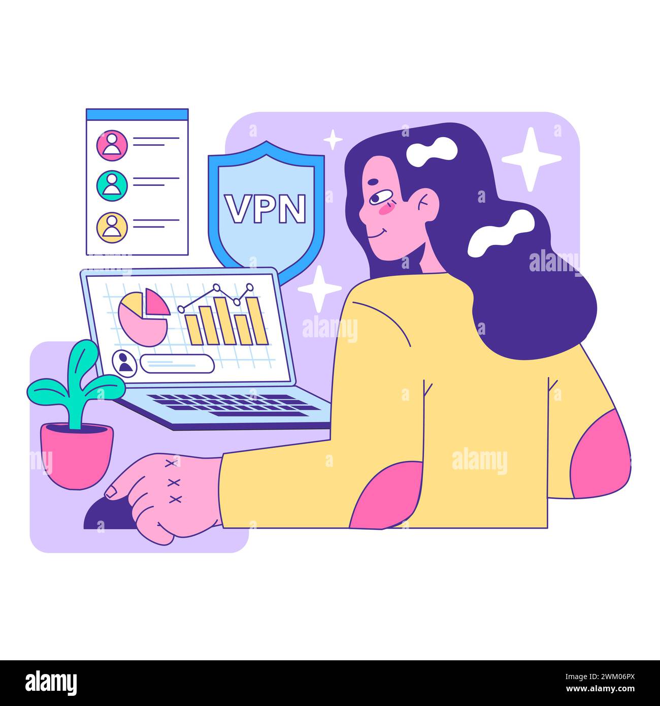 Confident woman reviews data charts on her laptop, ensuring secure ...