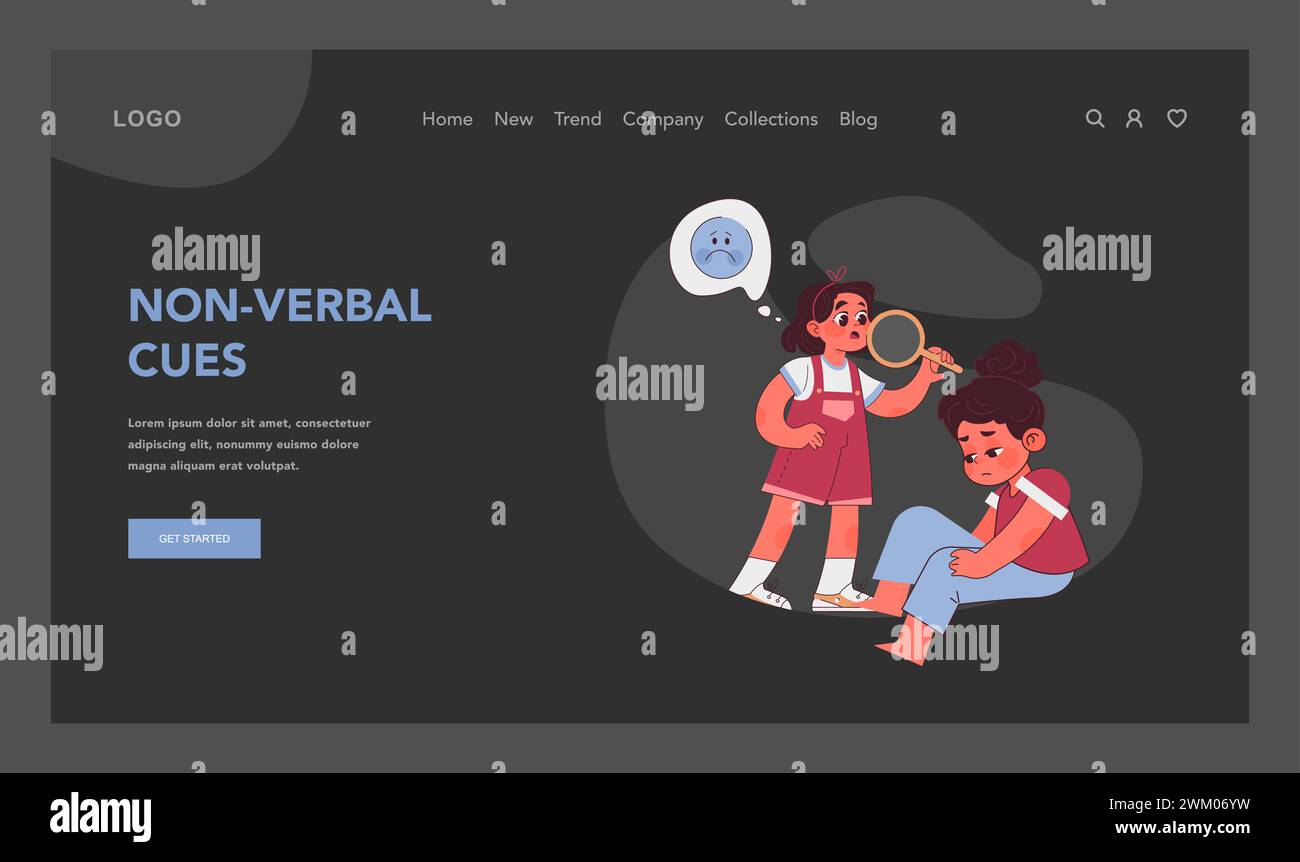 Non-verbal cues concept. Girl with magnifying glass observes distressed ...