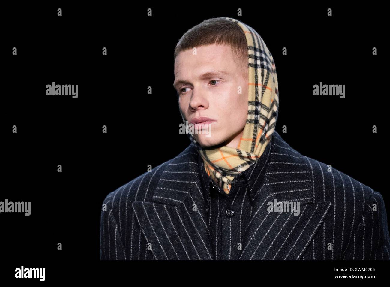 A model wears a creation for the Burberry Winter 2024 fashion show on ...