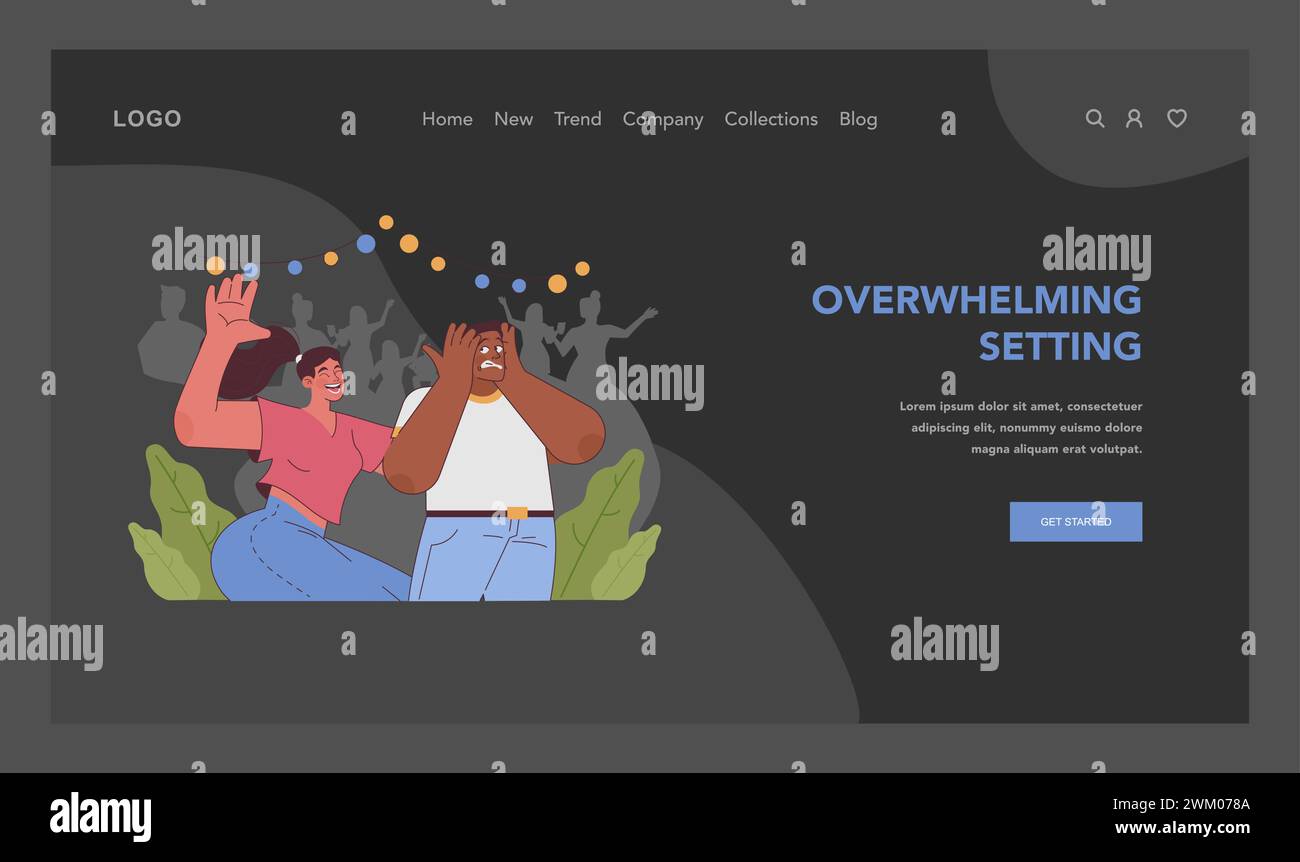 Overwhelming setting concept. Man irritated by loud noises and crowd ...