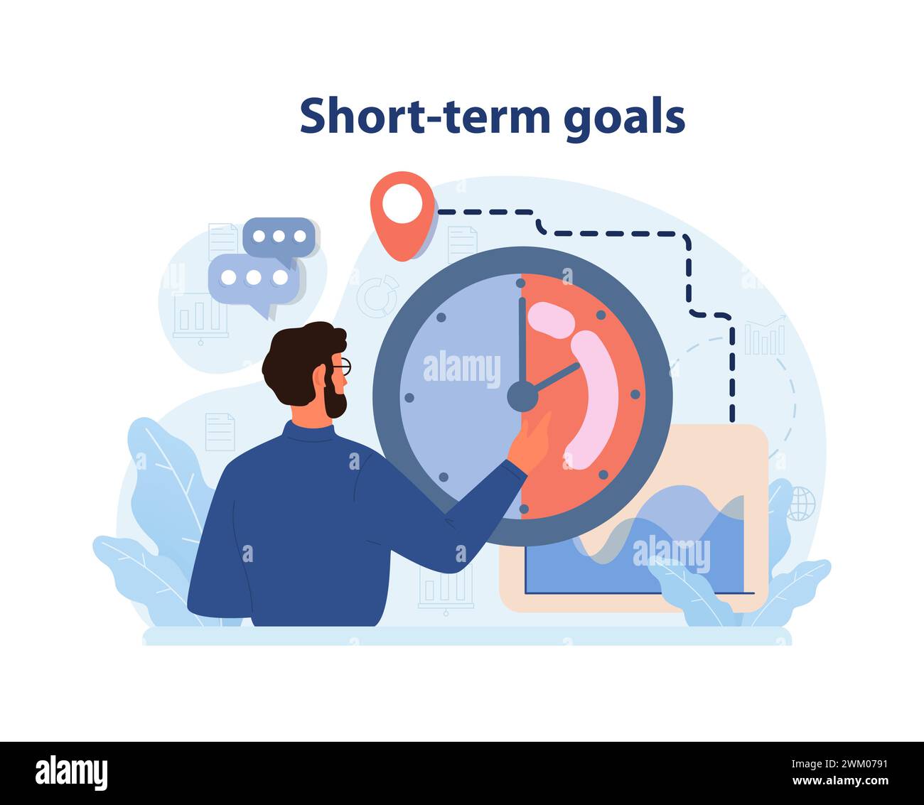 Short-term Goals concept. Man adjusting a giant clock, reflecting ...