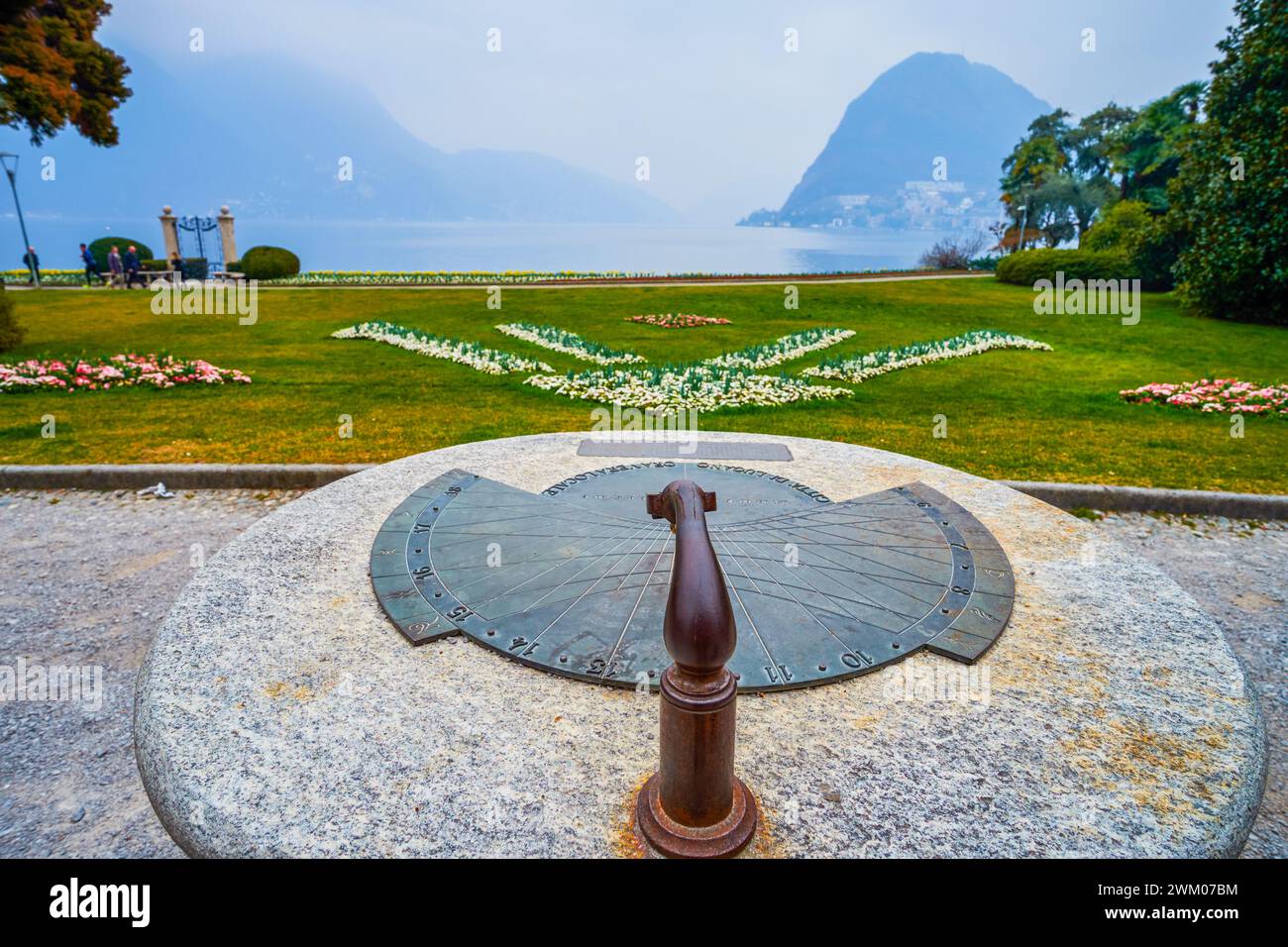 The sundial and flower beds in Parci Ciani, Lugano, Switzerland Stock ...