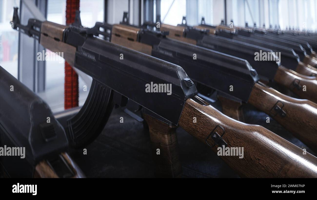 Russian machine gun AK 47 production factory. War concept. 3d rendering ...