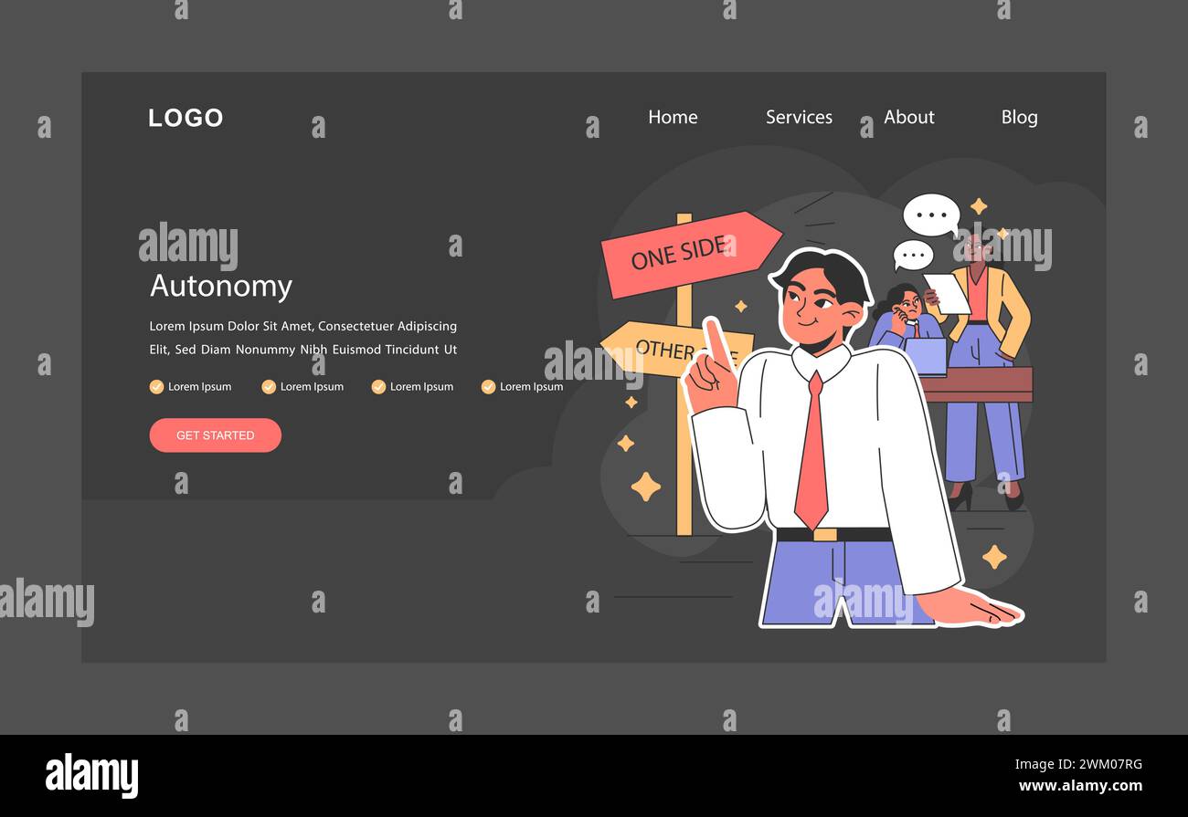 Autonomy dark or night mode web, landing. Employee choosing a path, with a team discussions ...
