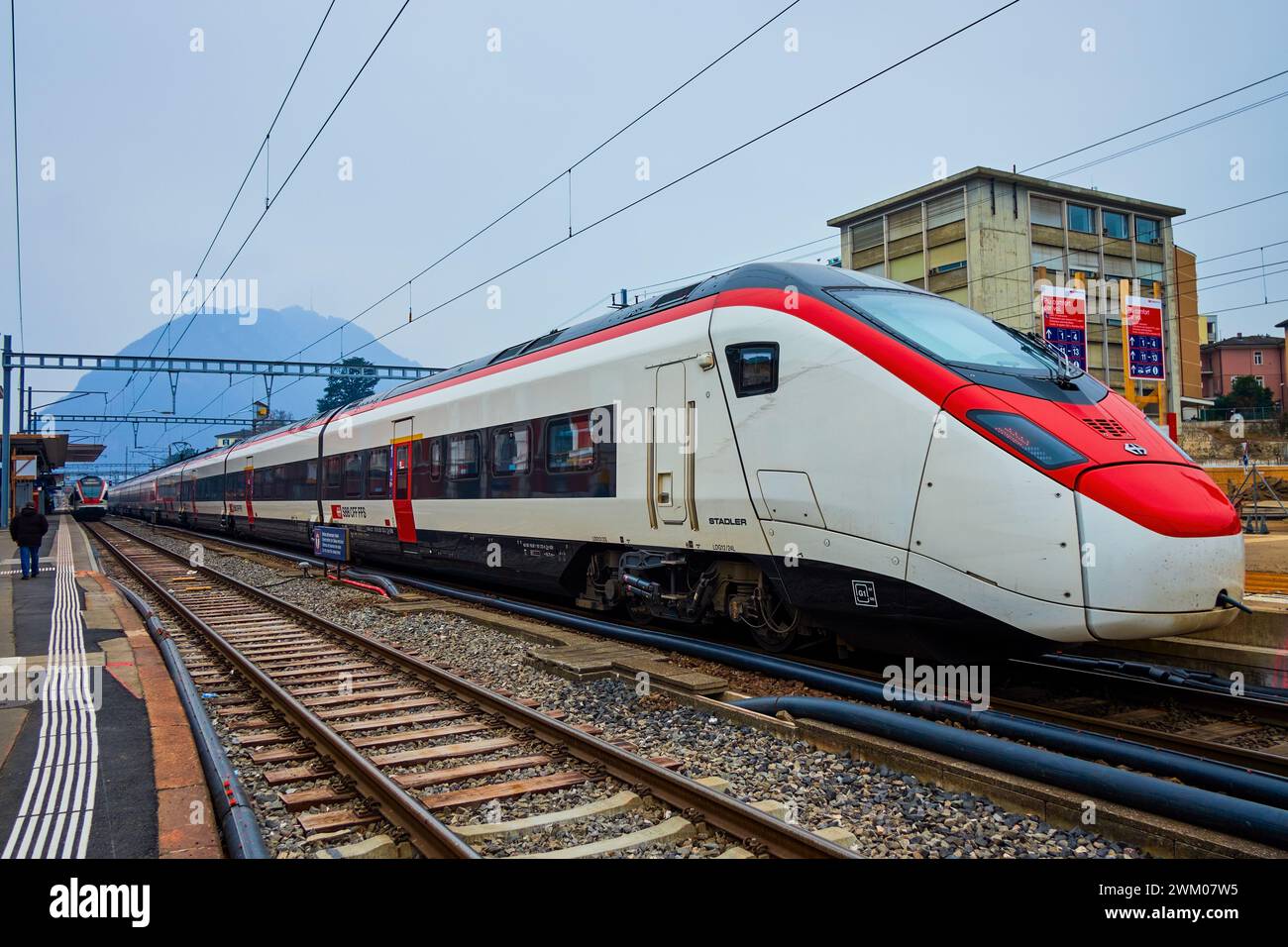 LUGANO, SWITZERLAND - MARCH 17, 2022: The modern train on Lugano ...