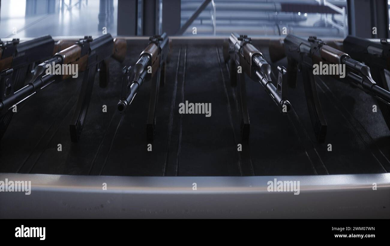 Russian machine gun AK 47 production factory. War concept. 3d rendering ...