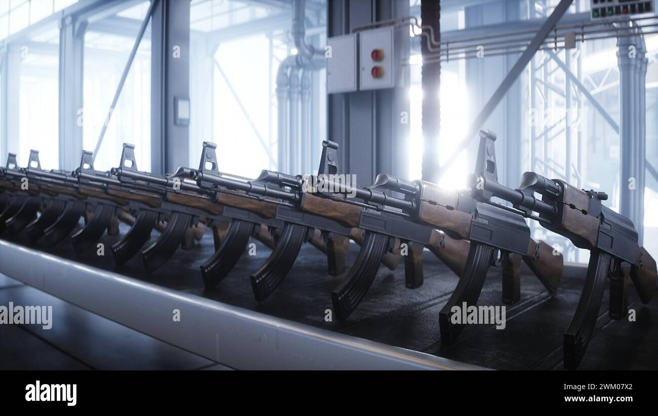 Russian machine gun AK 47 production factory. War concept. 3d rendering ...
