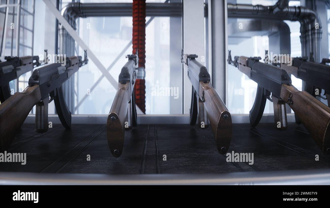 Russian machine gun AK 47 production factory. War concept. 3d rendering ...