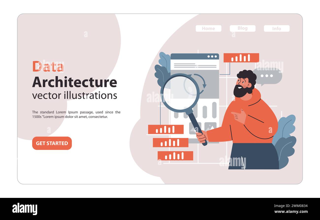 Data architecture inspection concept. Expert scrutinizes web interface ... Data architecture inspection concept. Expert scrutinizes web interface ...