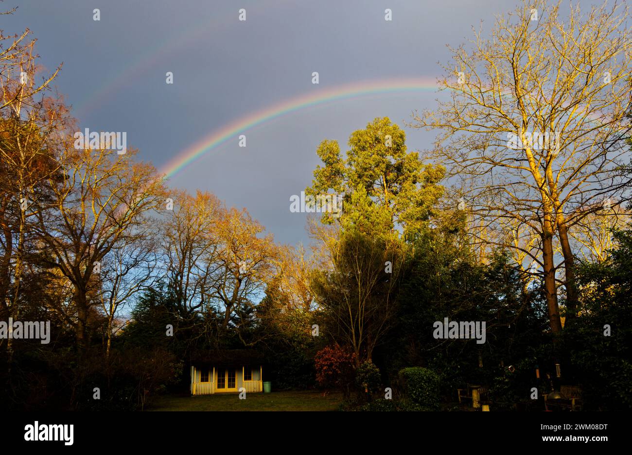 UK weather: a rainbow forms in the sky over a garden during rain in ...