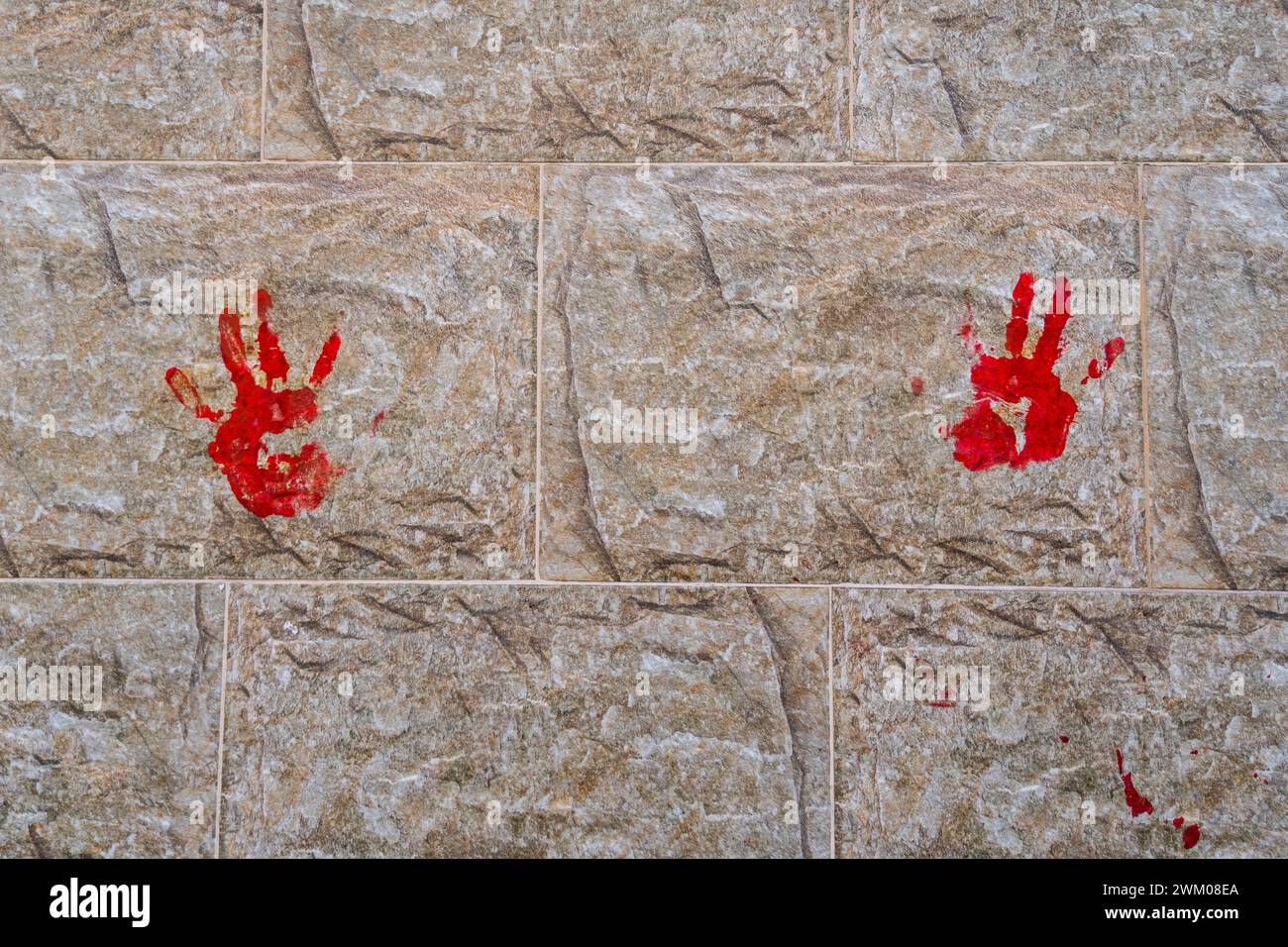 Amman, Jordan. 11th Feb, 2024. Painting of a child's hand in blood on a ...