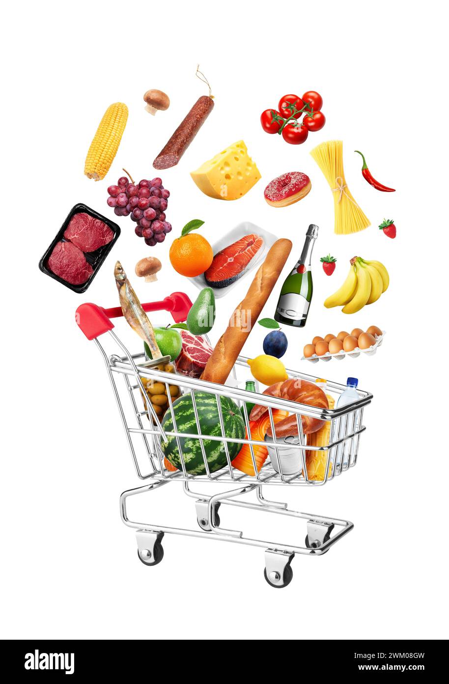 Shopping cart with many food isolated on white background Stock Photo ...