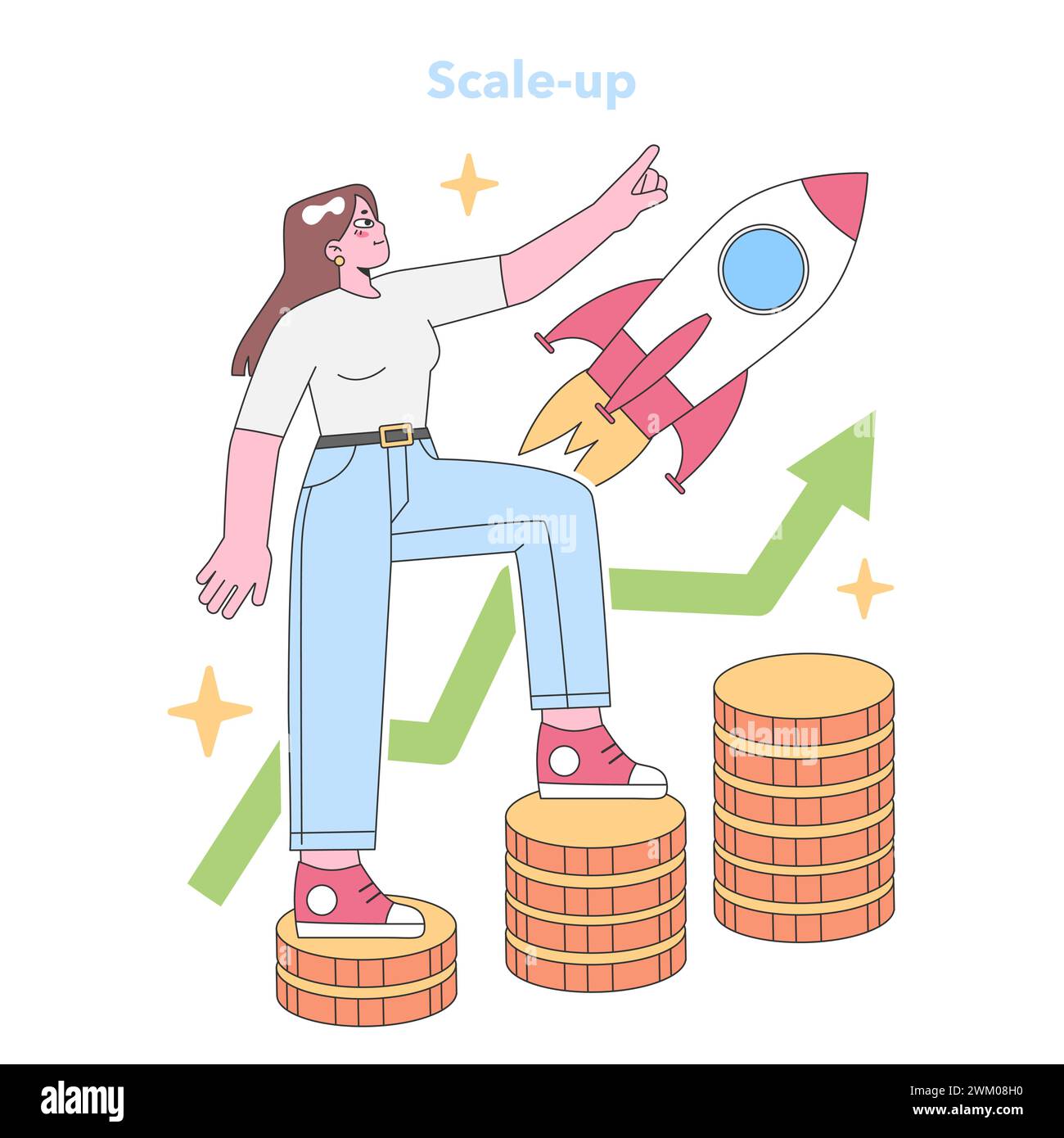 Scale-up concept. Ambitious woman atop coin stacks, aiming higher as ...