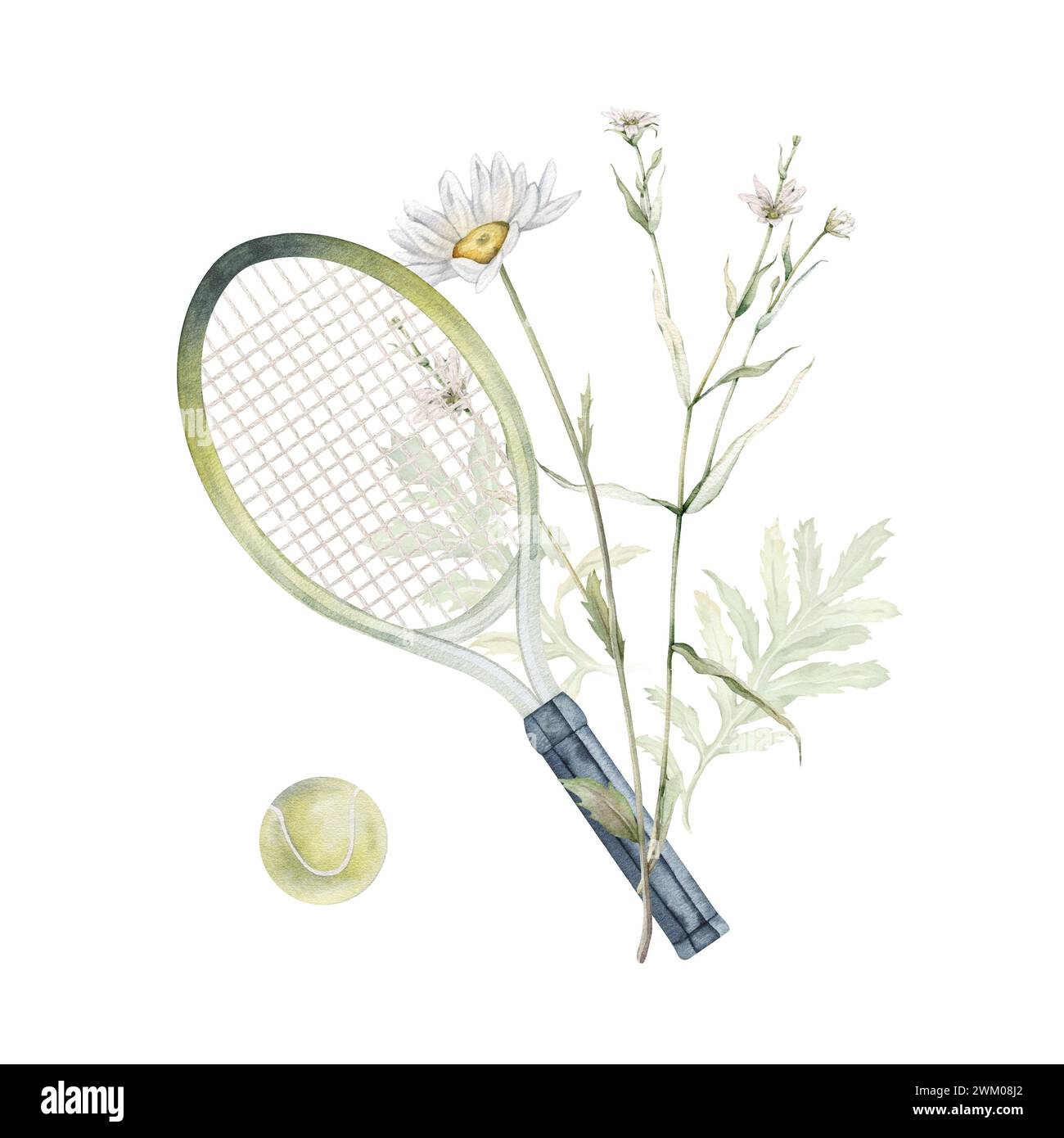 Set of sports equipment tennis ball and racket. Watercolor hand drawing ...