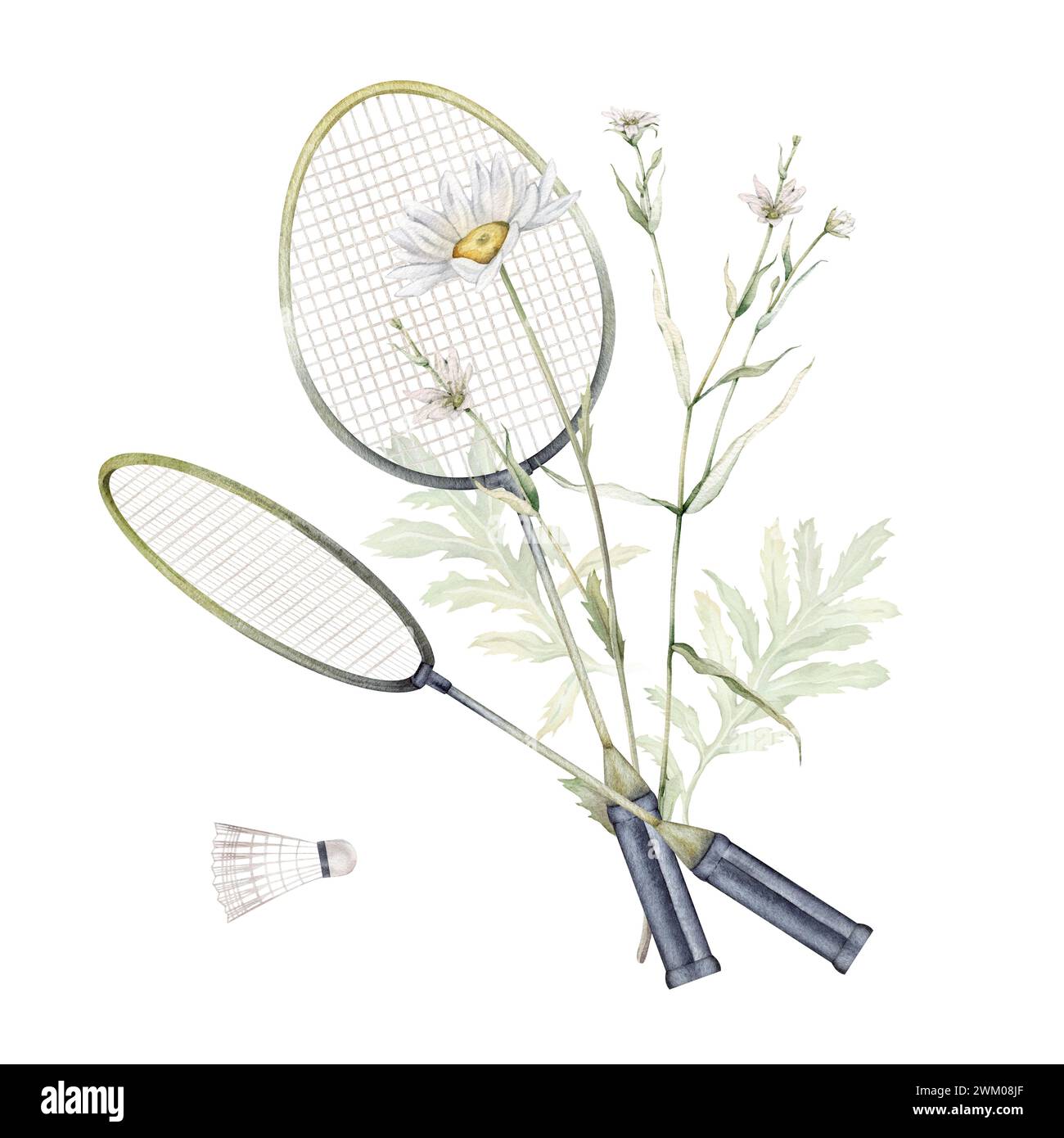Set of sports equipment shuttlecock and badminton racket. Watercolor ...
