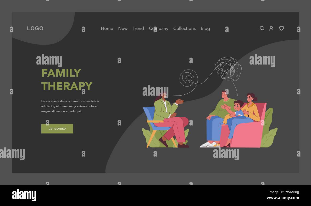 Family therapy dark or night mode web, landing. Parents and child ...
