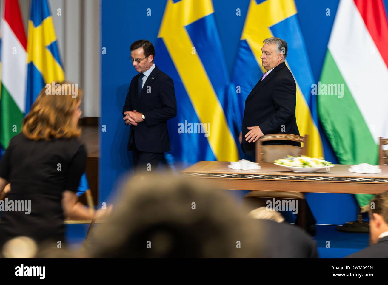 Budapest, Hungary. 23rd Feb, 2024. Swedish Prime Minister Ulf Kristersson (l) and Hungarian ...