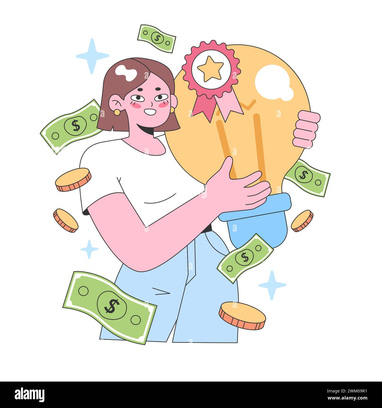 Financial Triumph concept. Joyful woman holding a giant gold coin ...