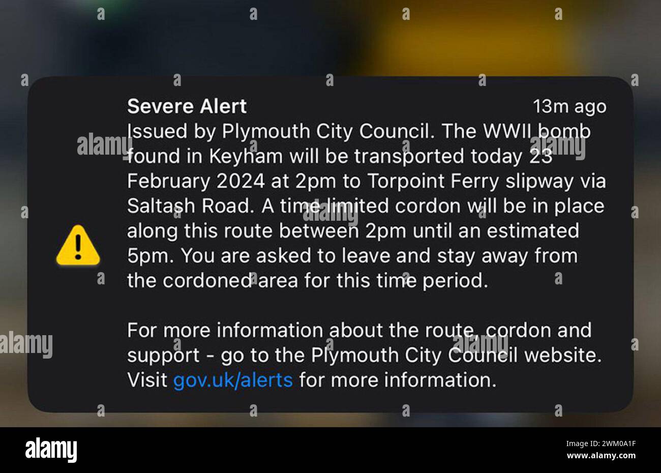 The Severe Alert text message sent to local residents warning that the ...