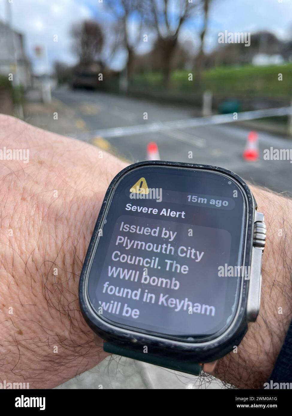 The Severe Alert text message appears on a smart watch that was sent to ...