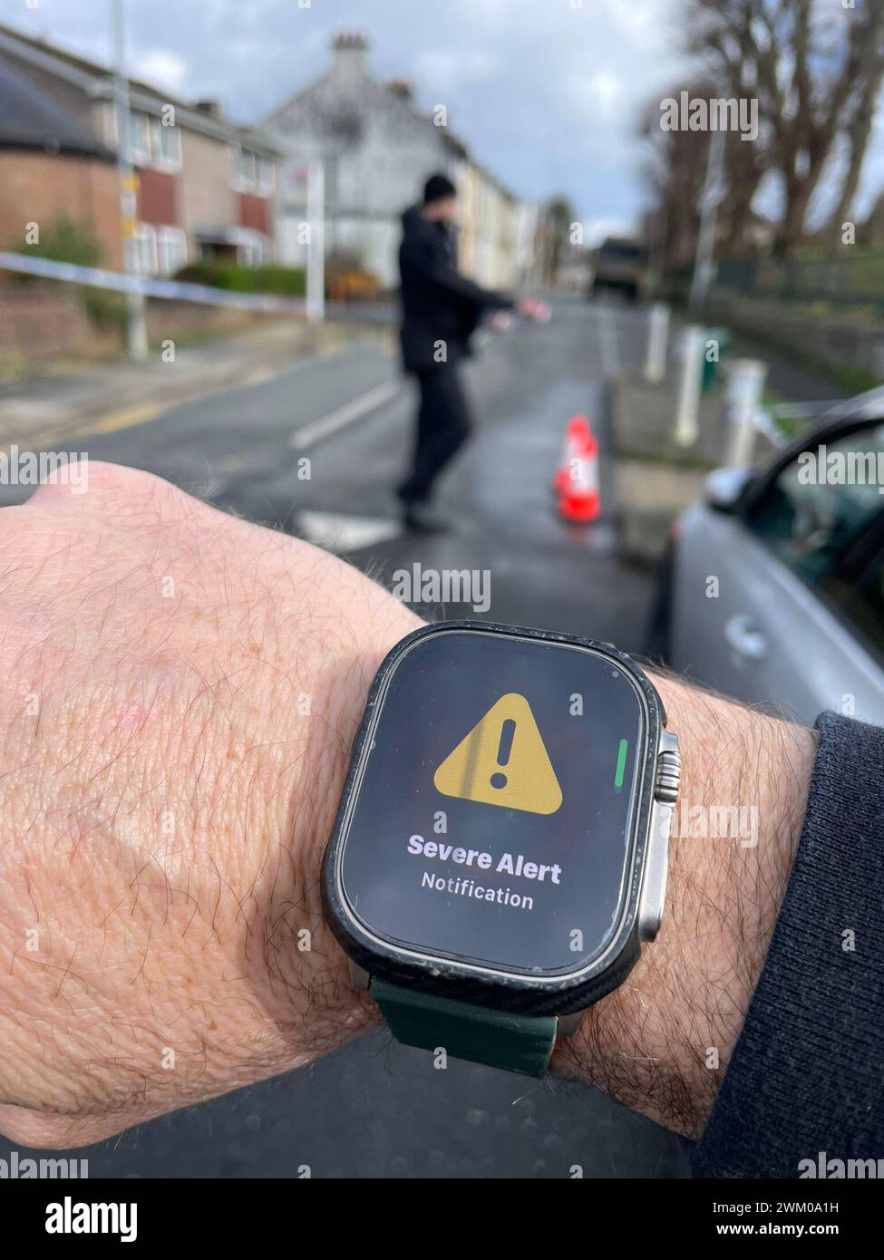 The Severe Alert text message appears on a smart watch that was sent to ...