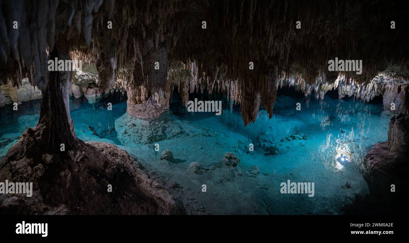 Blue waters and caves in Sac Actun Cenote Tulum Mexico Stock Photo - Alamy