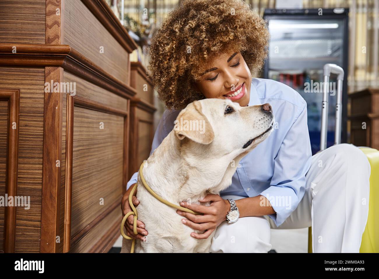 pleased african american woman cuddling labrador near suitcase in lobby ...