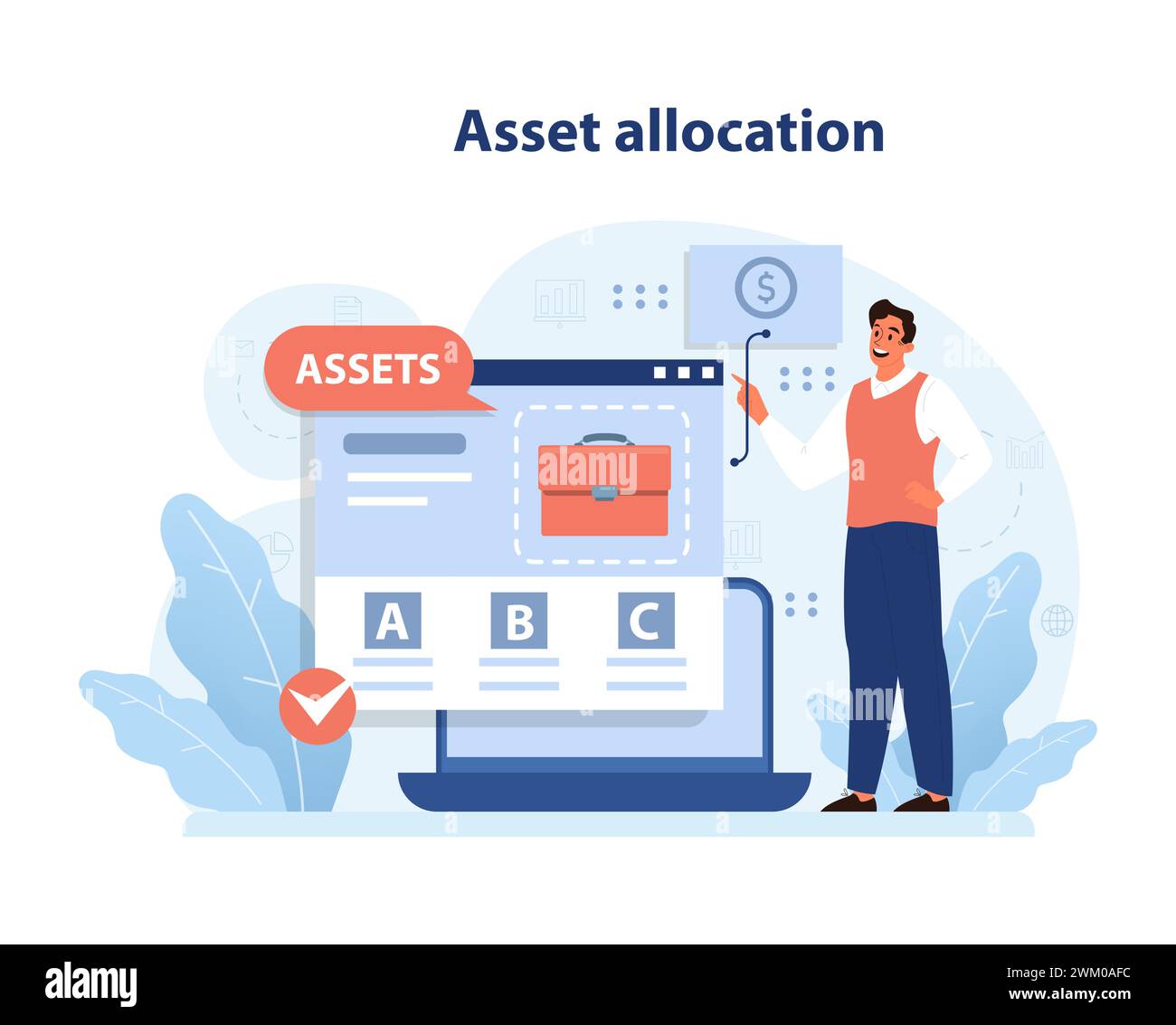 Asset allocation concept. Man presents diversified portfolio ... Asset allocation concept. Man presents diversified portfolio ...