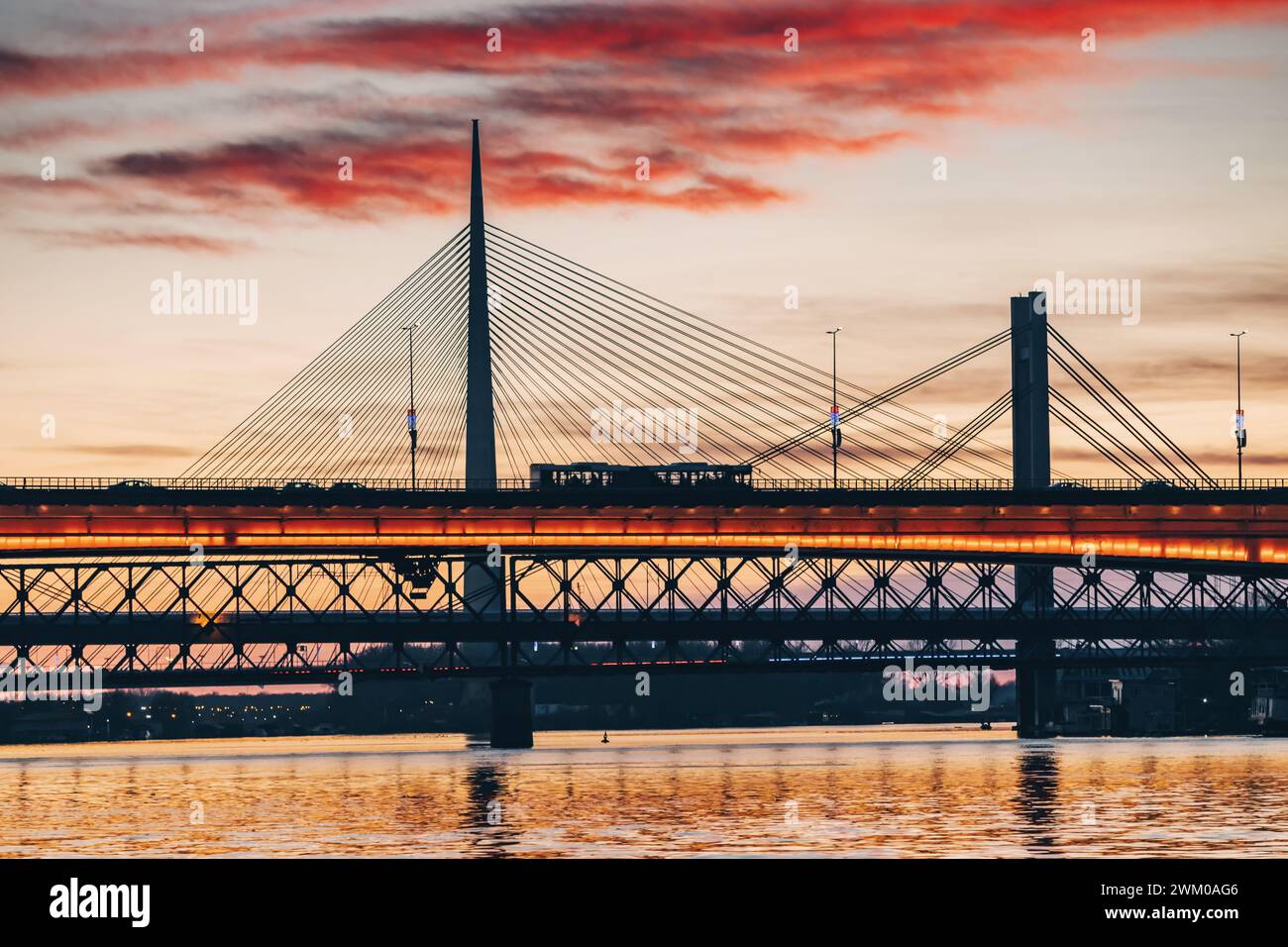 Savski Bridge in Belgrade, Serbia, as it spans the tranquil waters of ...