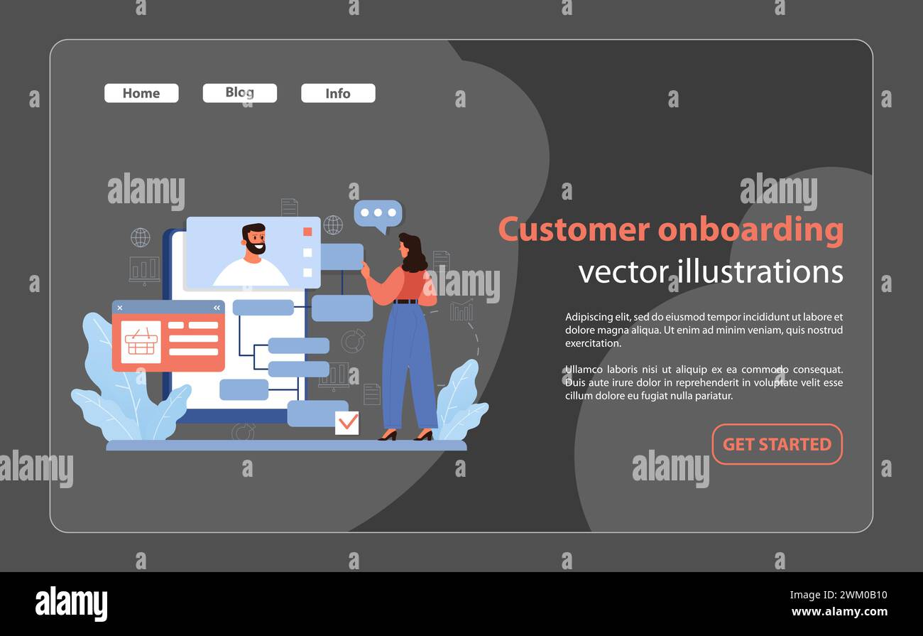 Woman engages in a digital customer onboarding process, interfacing with man's profile and ...