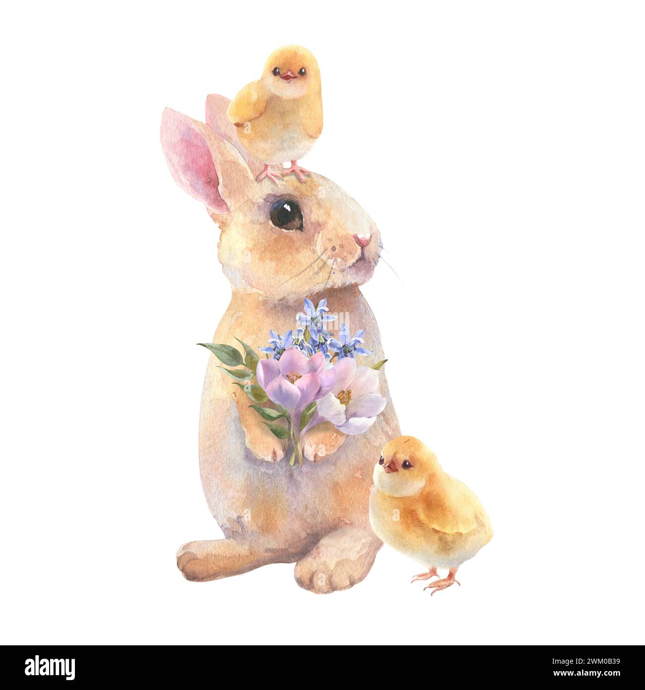 Watercolor little peach rabbit wthi spring flowers in his hands. Easter ...
