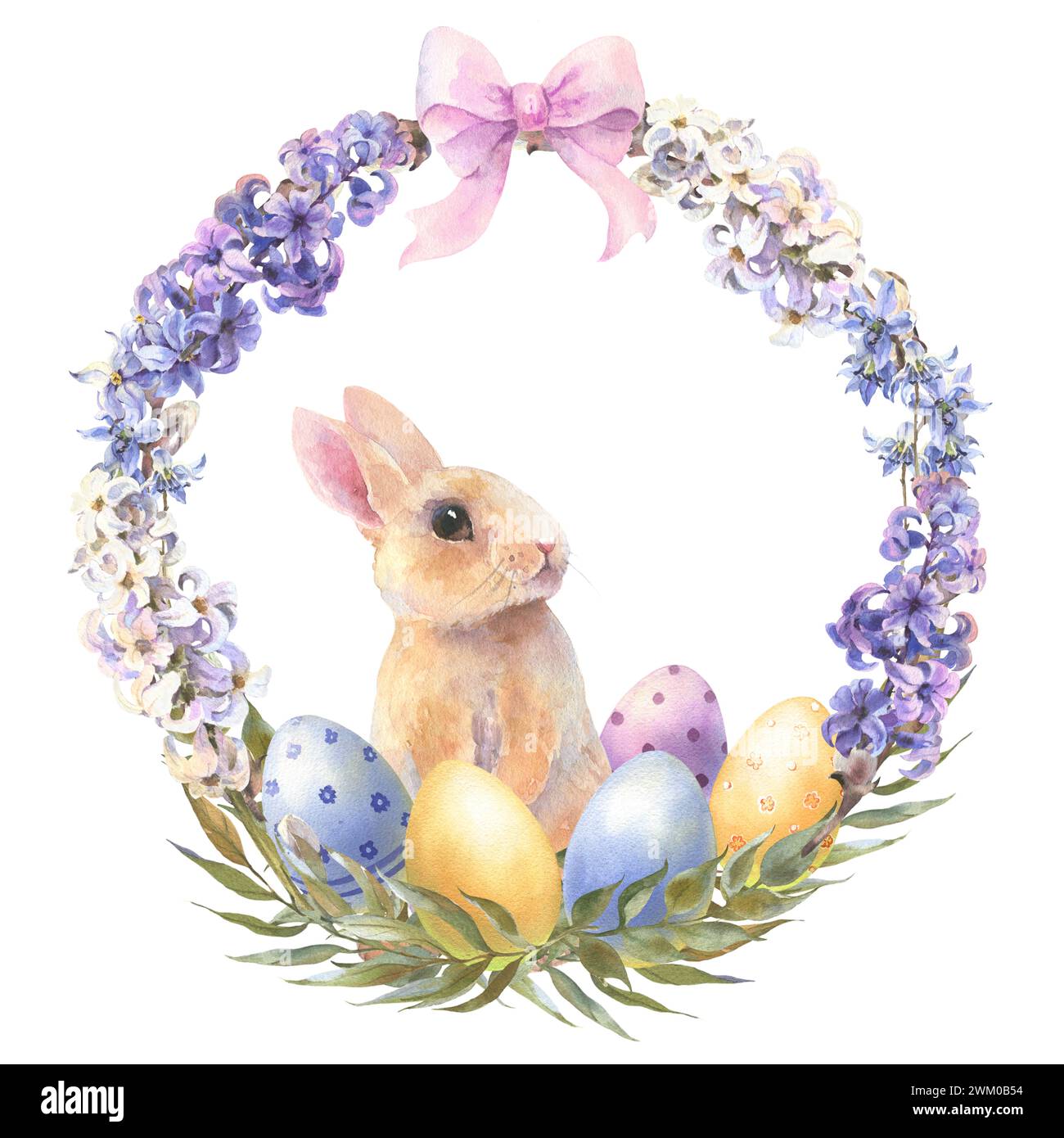 Watercolor little peach rabbit is sitting in the flowers wreath. Easter ...